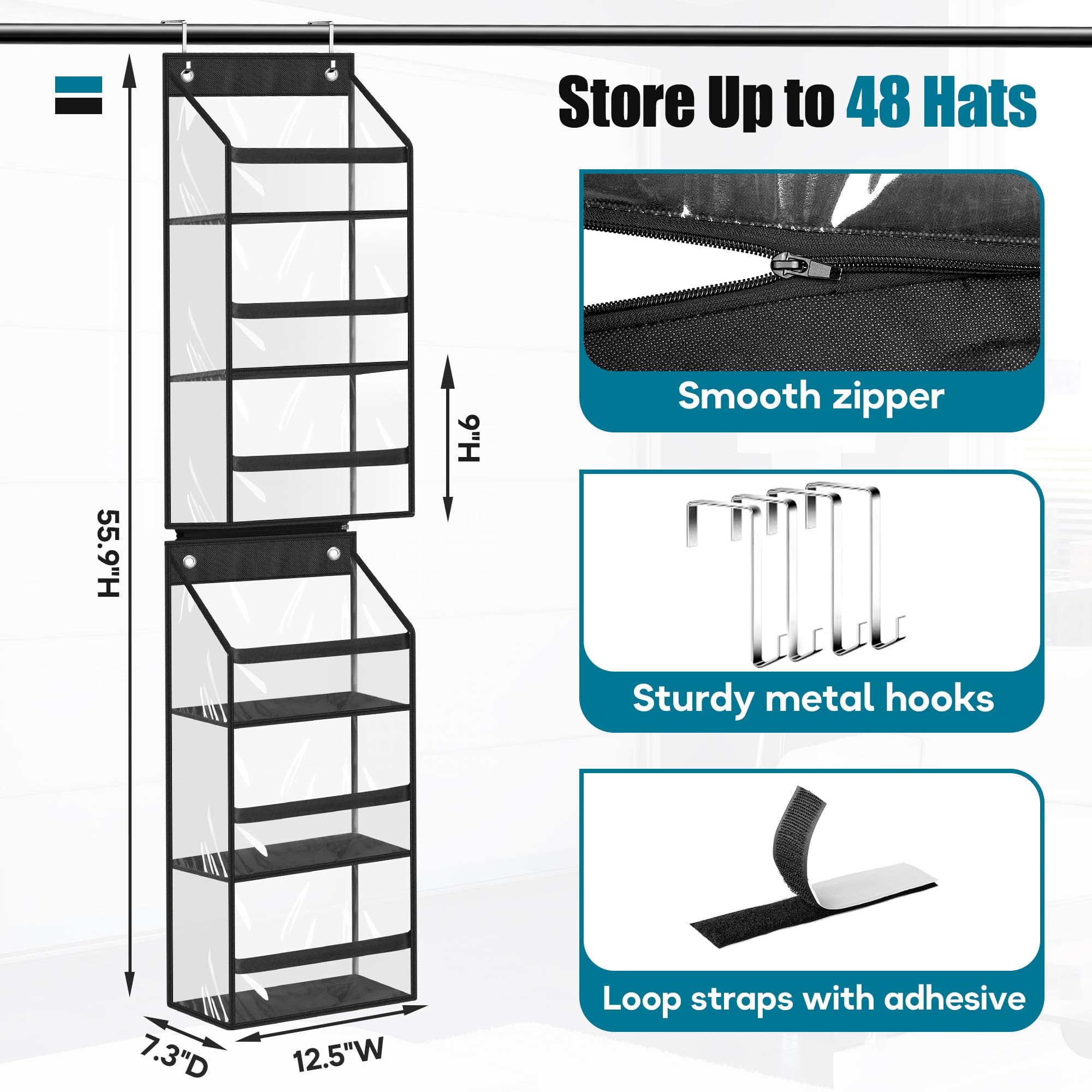 AOODA 2 Packs Clear Over the Door Hat Organizer for Baseball Caps, Flexible Hat Rack for Narrow Door, 6-Shelf Hanging Hat Storage Holder for Closet, Wall, RV (Black)