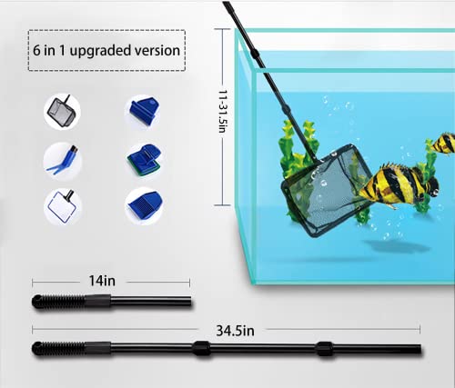 CLPOAWC Fish Net Aquarium Extendable Long Handle Plastic Skimmer Fine Mesh Net for Betta Net Fish Tank Basket Suit, Black, 34.6