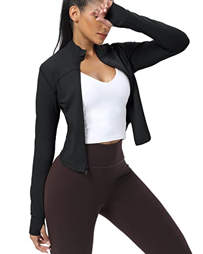 AVGO Women's Cropped Running Workout Jackets Zip Slim Fit Athletic Tops with Thumb Holes(Black, S)