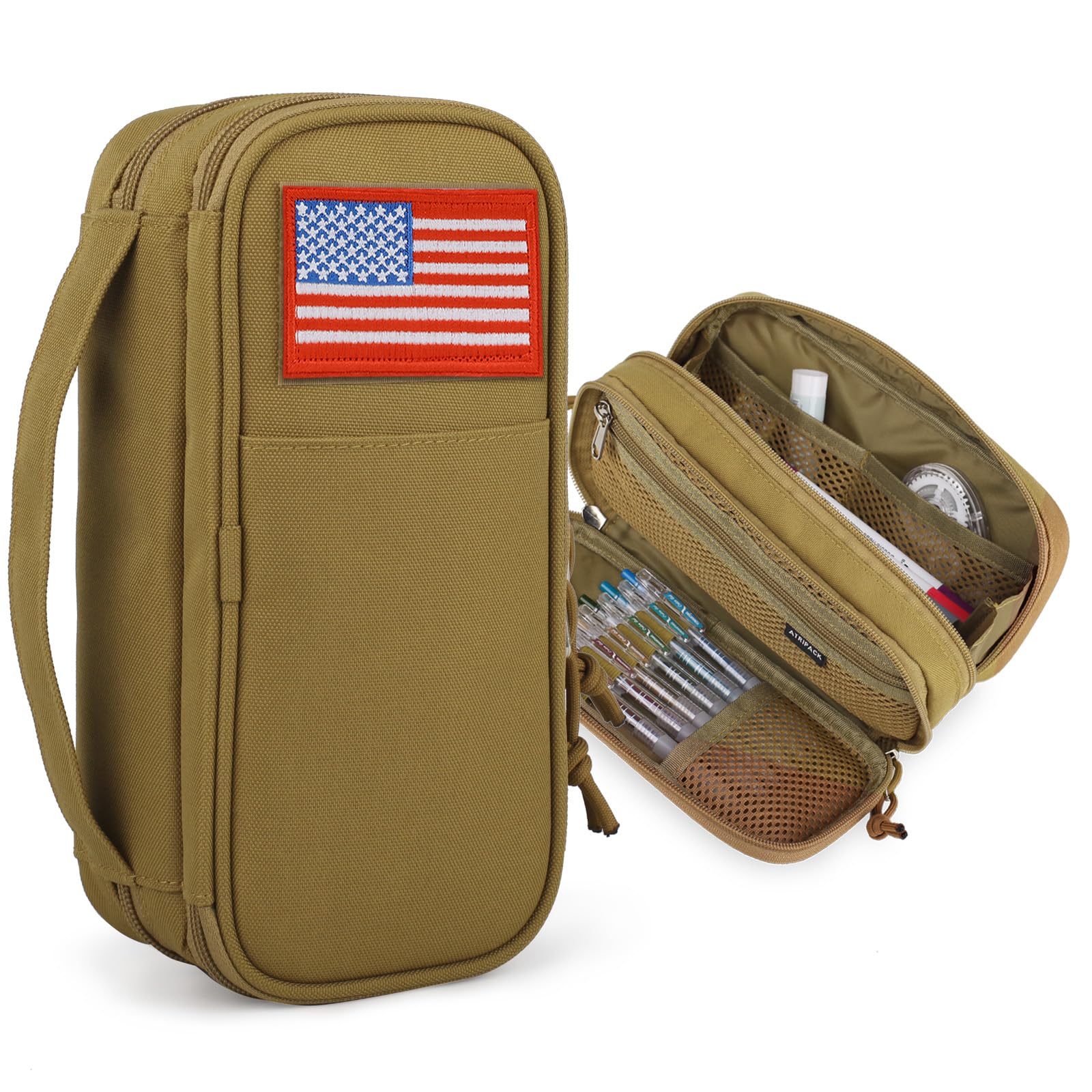 ATRIPACK Tactical Pencil Case for Boy,Large Capacity Pencil Pouch,Marker Organizer Case Pen Box, Tool Bag Desk Organizer for School College Office Organizer for Kids Men Women Adult Teens(Brown)