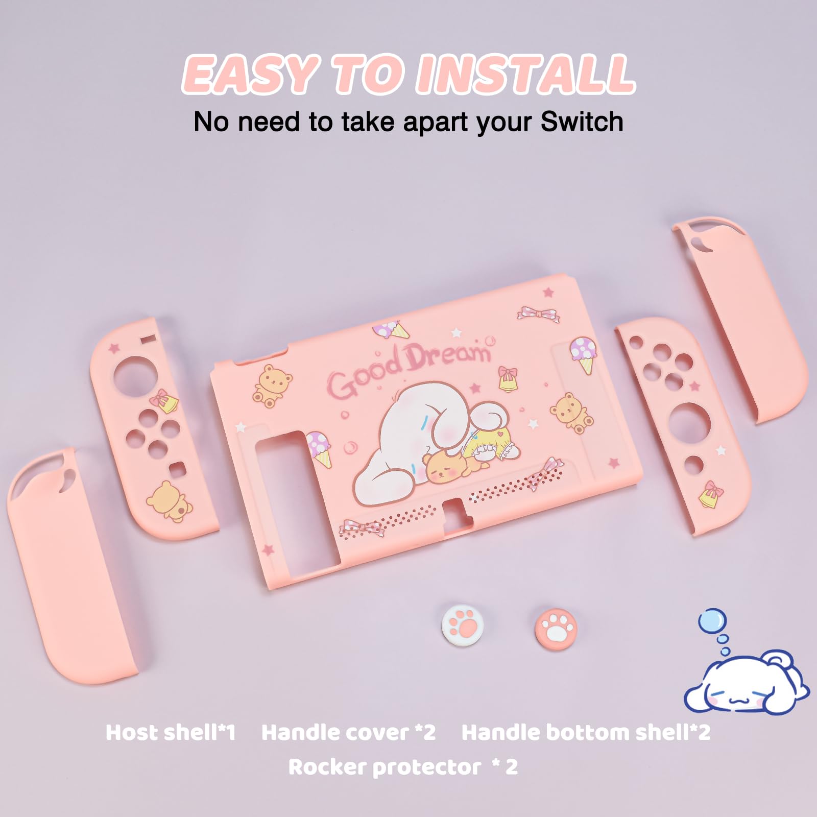 DLseego Dockable Protective Case for Switch, Newest Pattern Cover with Anti-Scratch and Shock-Absorption Design Hard Cover with 2 pcs Thumb Grips – Pink Sleepy Rabbit