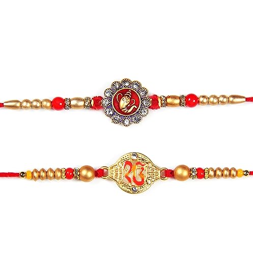ARTISENIA Set of 2 Rakhi for Brother with Raksha Bandhan Greeting Card | Roli Chawal Tika - Raksha Bandhan Ek Onkar Rakhi for Brother | Rakhi for Bhaiya | Ganesha Rakhi Thread RNJ0025