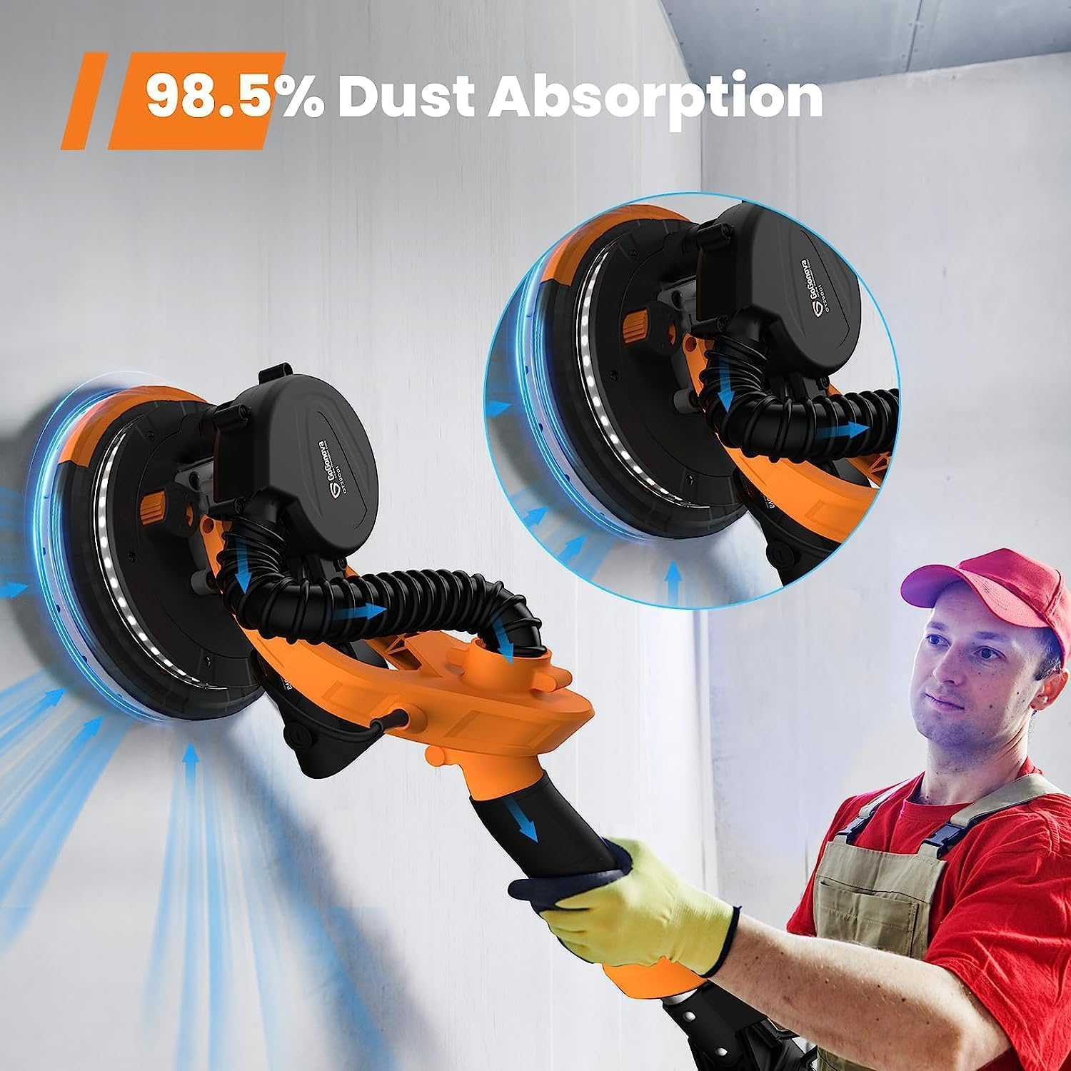 GoGonova Drywall Sander, 950W 7.9A Electric Drywall Sander with Vacuum, Auto Dust Extraction, 6 Variable Speed 500-1900RPM, Foldable Wall Sander with LED Light, 16pcs Sandpaper, Extendable Handle