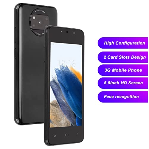 5.0Inch Unlocked Smartphone, 2GB RAM 16GB ROM, Support Face Recognition/WiFi/BT/FM/GPS, 8MP Front 8MP Rear Camera, 2G 3G Cell Phone for Android 10.1 (Black)