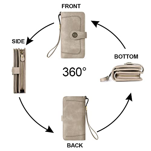 CLUCI Wallet for Women Leather Large Capacity Purse Wristlet Clutch RFID Blocking Credit Card Holder with ID Window Two-toned Gray