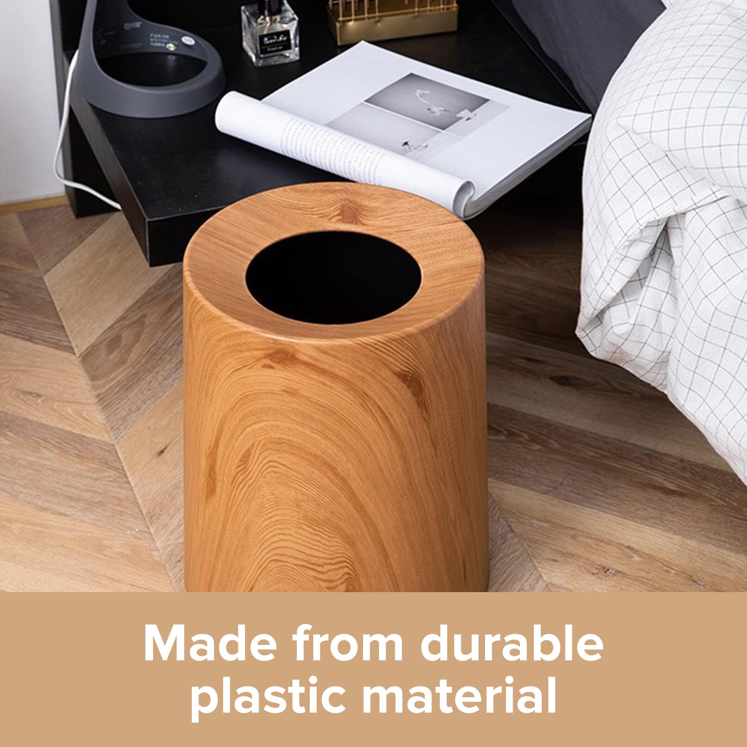 Anti Spill Wood Style Waste Basket - Kids and Pet Proof Garbage Container - Open Top Indoor Outdoor Trash Can - 12L/3.2Gal Capacity - Patio Garbage Can - Round Sleek Garbage Bin - 10inx10inx12in