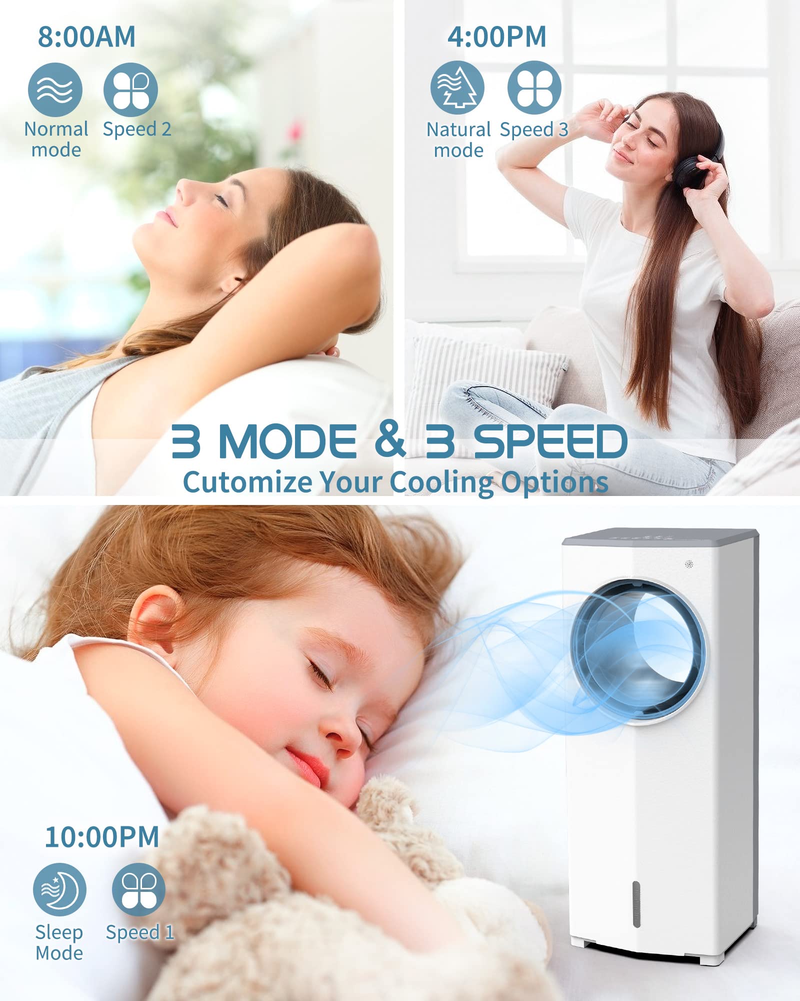Evaporative Air Cooler, Portable Bladeless Fan, Air Cooler Fan with 3 Wind Speeds and 3 Modes, 90° Automatic Swing, 1 Gallon Water Tank, 2 Ice Packs, 7H Timer, Remote Control, for Room Home Office