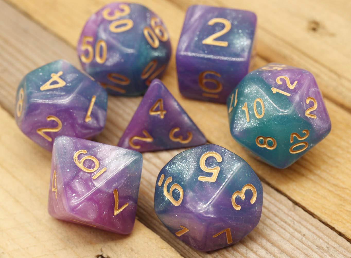 DND Dice Polyhedral 7-Die Dice Set for D&D Dungeons & Dragons Role Playing Gaming Night Sky dice with Glitter Purple Green…
