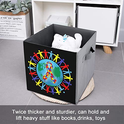 Autism Awareness Storage Bins Cubes Foldable Fabric Organizers with Handles Clothes Bag Book Box Toys Basket for Shelves Closet 10.6"