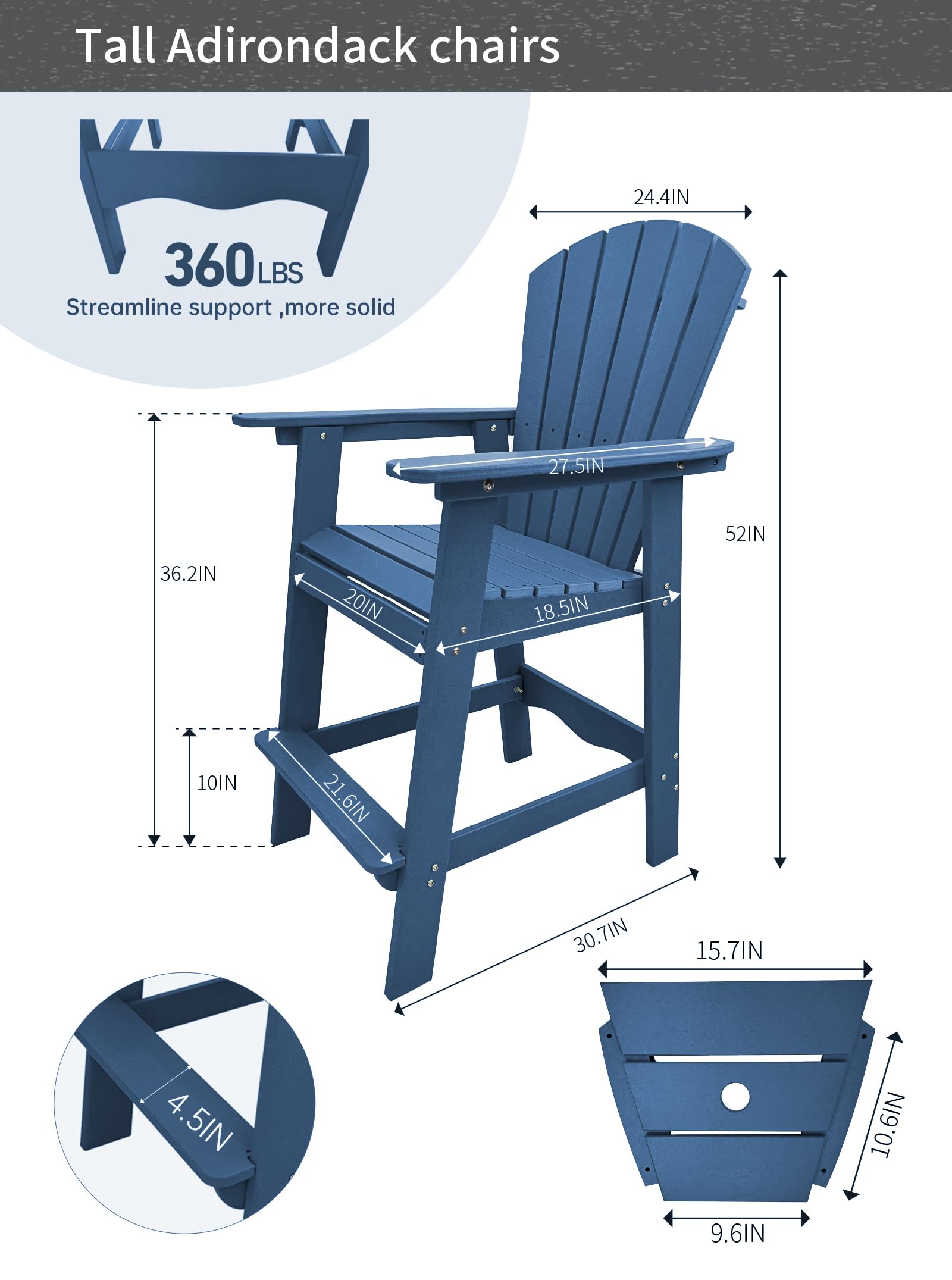 Aoorun 51.9''Poly Patio Chairs bar Height,high Outdoor Chairs Table hdpe, Tall Adirondack Set for 2 (30.7" D x 27.9" W) - Navy Blue