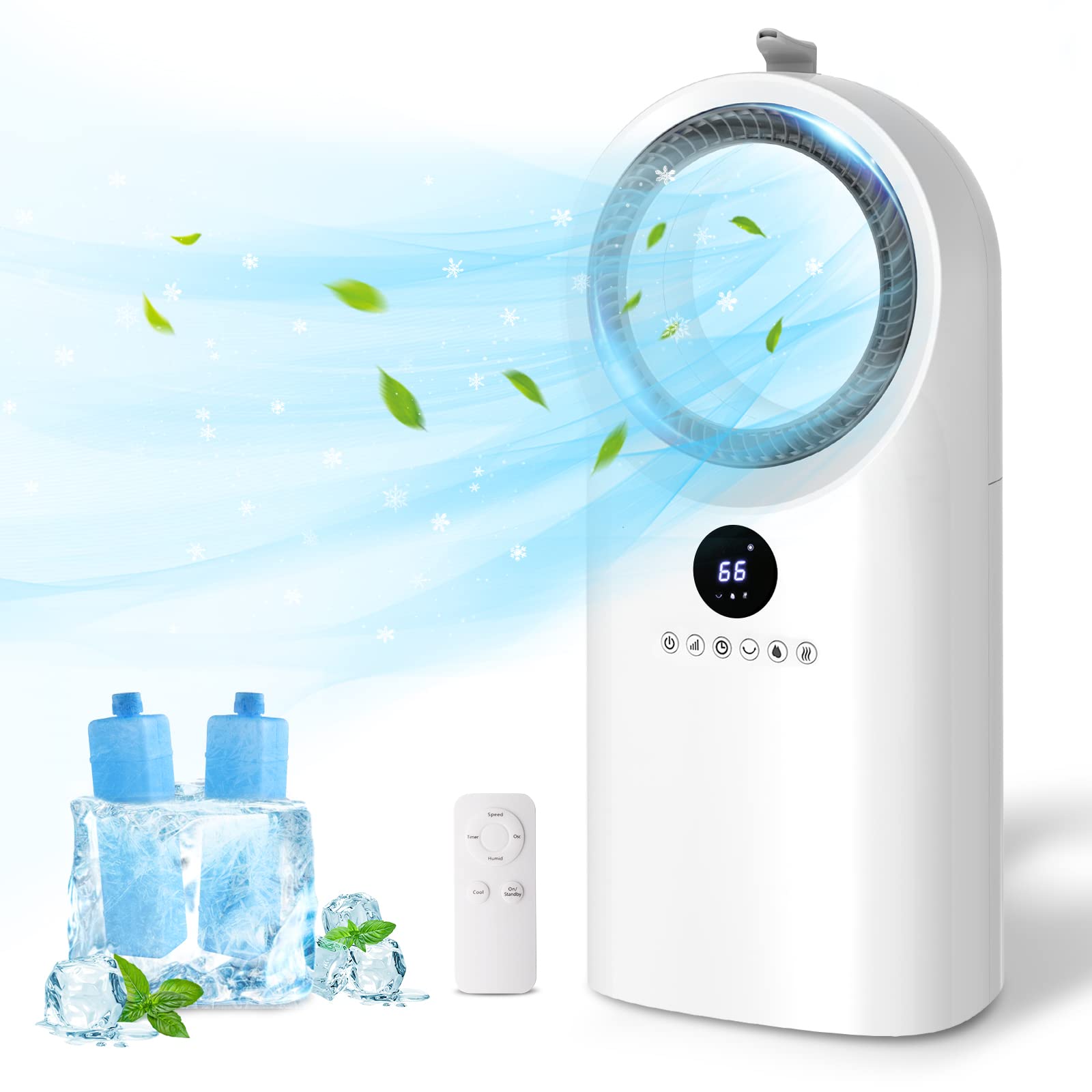 Evaporative Air Cooler 3 in 1, LifePlus Portable Bladeless Conditoner Fan with Wheel, Cooling & Humidification Function, Water Swamp Cooler with 1.32 Gallon Water Tank, 12H Timer and Remote Control