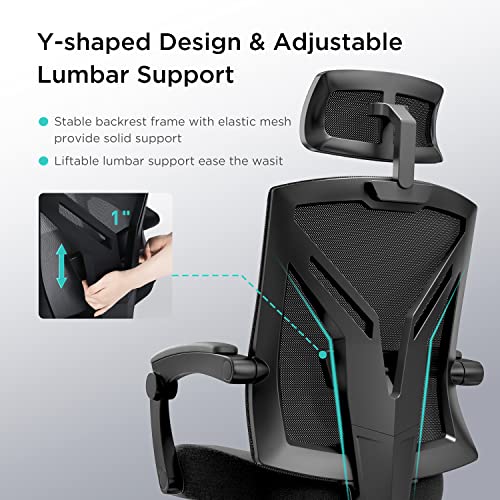 Hbada Ergonomic Office Chair High Back Desk Chair Recliner Chair with Lumbar Support Height Adjustable Seat, Headrest- Breathable Mesh Back Soft Foam Seat Cushion with Footrest, Black