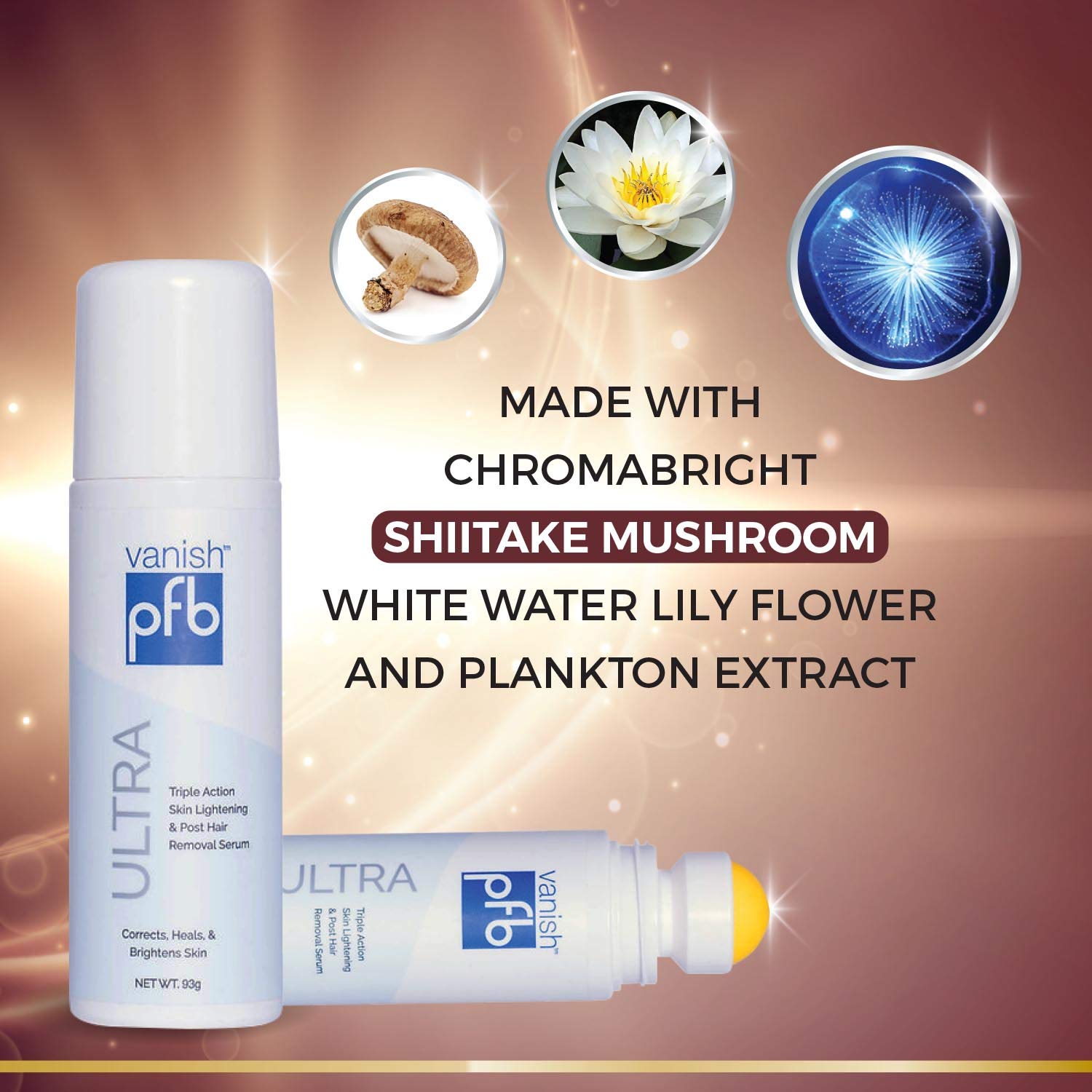 PFB Vanish Ultra with Chromabright & Shitake Mushroom, Triple Action Dark Spot Remover, Ingrown Hair & Razor Bump Stopper, Roll-On Skin Care Treatment, 93g β New Formula