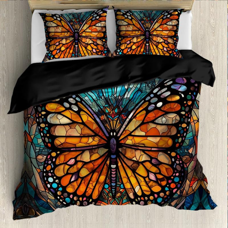 Xarleslyna Queen Size Duvet Cover Sets Monarch Butterfly Quilt Cover Retro Stained Glass Gold Butterfly Duvet Cover Comforter Covers with 2 Pillowcases for Childrens and Adults (88"x88")