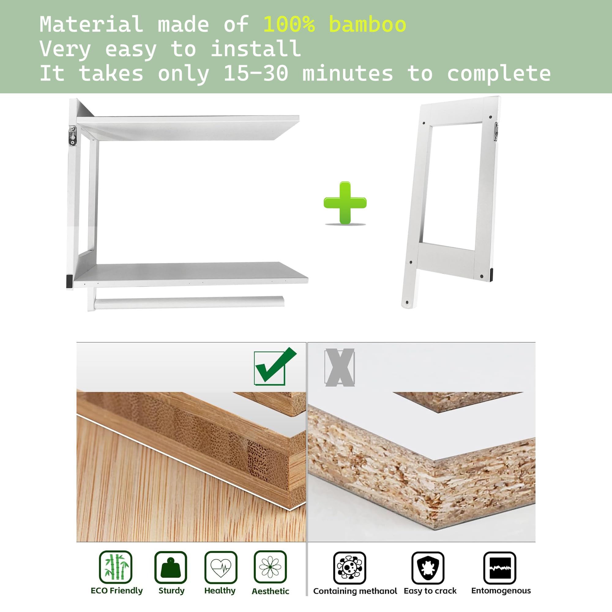 ADREMAN Bathroom Shelf Wall, Over The Toilet Storage Shelves Bamboo Bathroom Shelf Organizer Floating Wall Mounted with Hook and Hanging Rod for Bathroom,Kitchen,Toilet,Living Room (White)