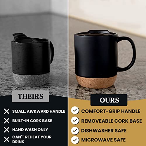 Ceramic Coffee Mug w/Lid and Cork Coaster Base - 12oz Slideproof Coffee Cups w/Handle and Sip and Cover Lid - Set of 2 Dishwasher Safe Ceramic Travel Mugs - Reusable Black Insulated Cup