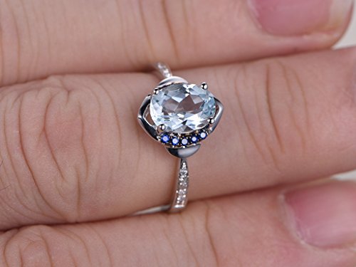 6x8mm Oval Cut Blue Aquamarine Sapphire Halo 14k White Gold Diamond Engagement Ring Wedding Band Size 4-9