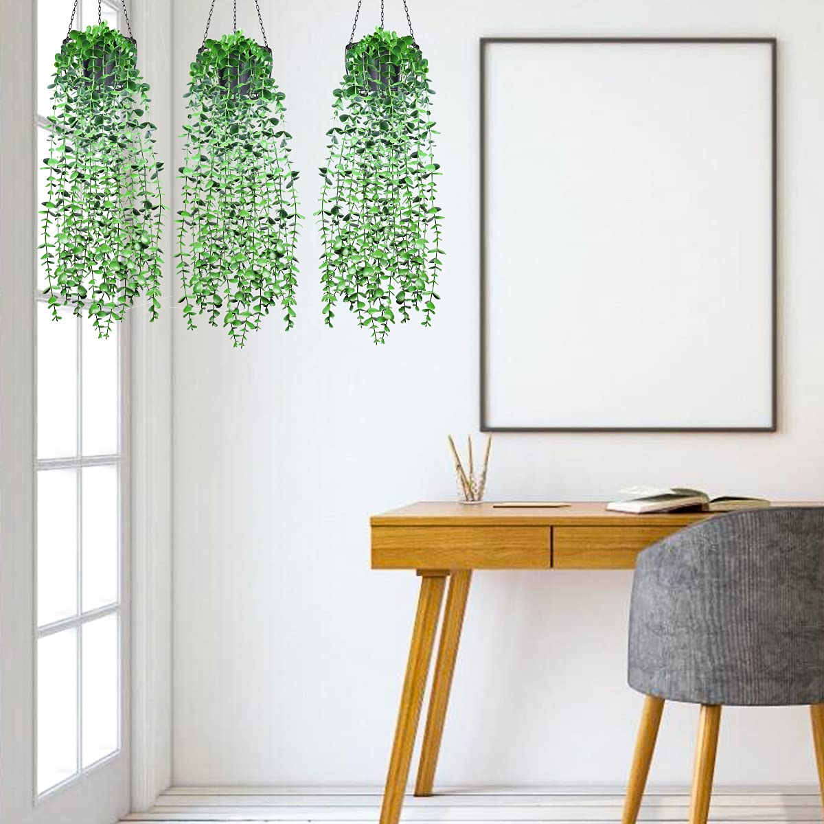 RECUTMS 2 Potted Fake Hanging Plants, Artificial Plants Hanging Tasteless Eucalyptus Leaf Shaped Natural Drooping Hanging Plants Artificial Decor Wall Home Garden (Green)