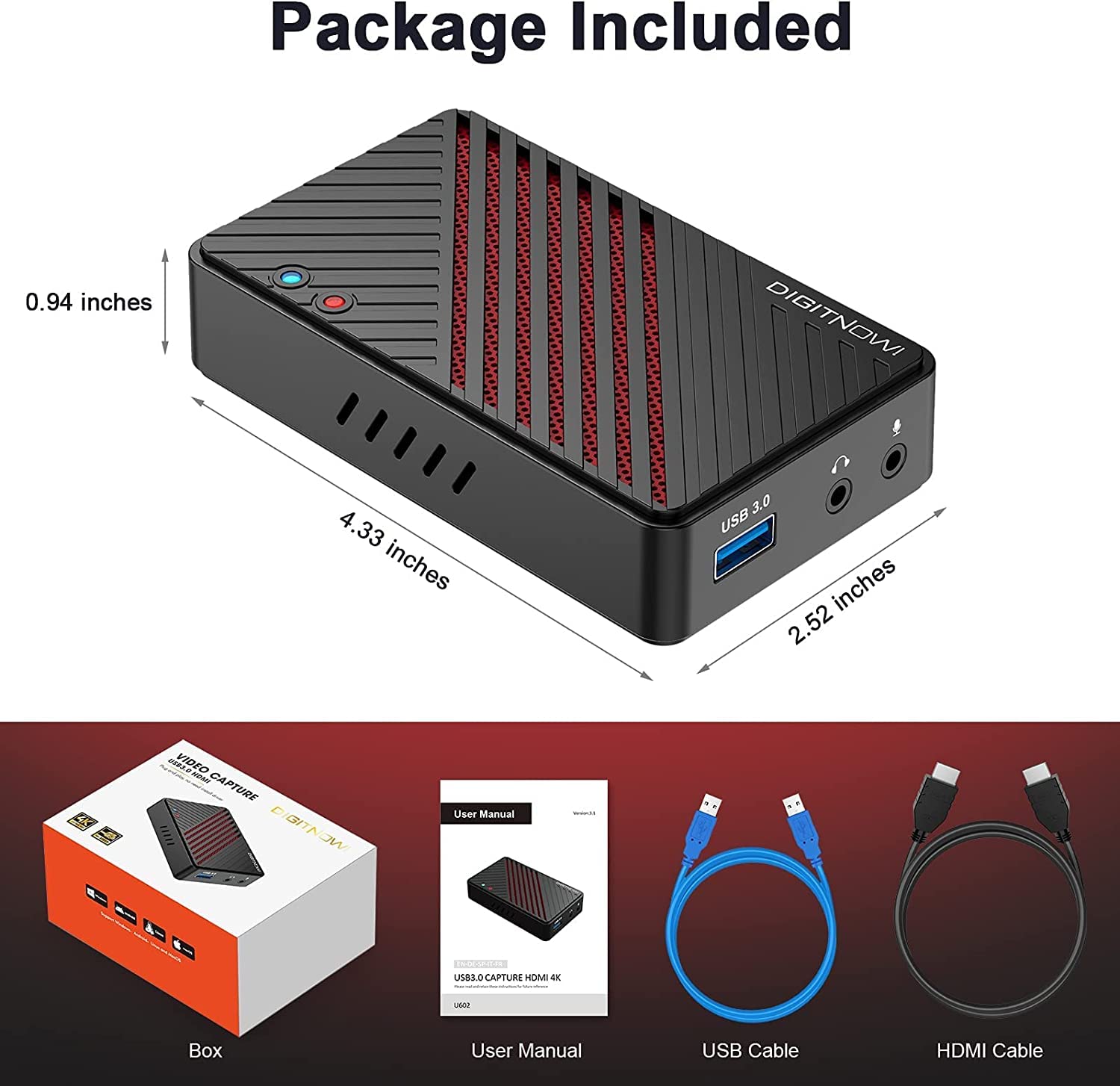 4K Video Capture Card, HDMI to USB3.0 Live Gamer Capture Card Full HD 1080P 60fps, Ultra-Low Latency for Streaming and Recording, Work with Nintendo Switch, PS5, PS4, Xbox One, PC