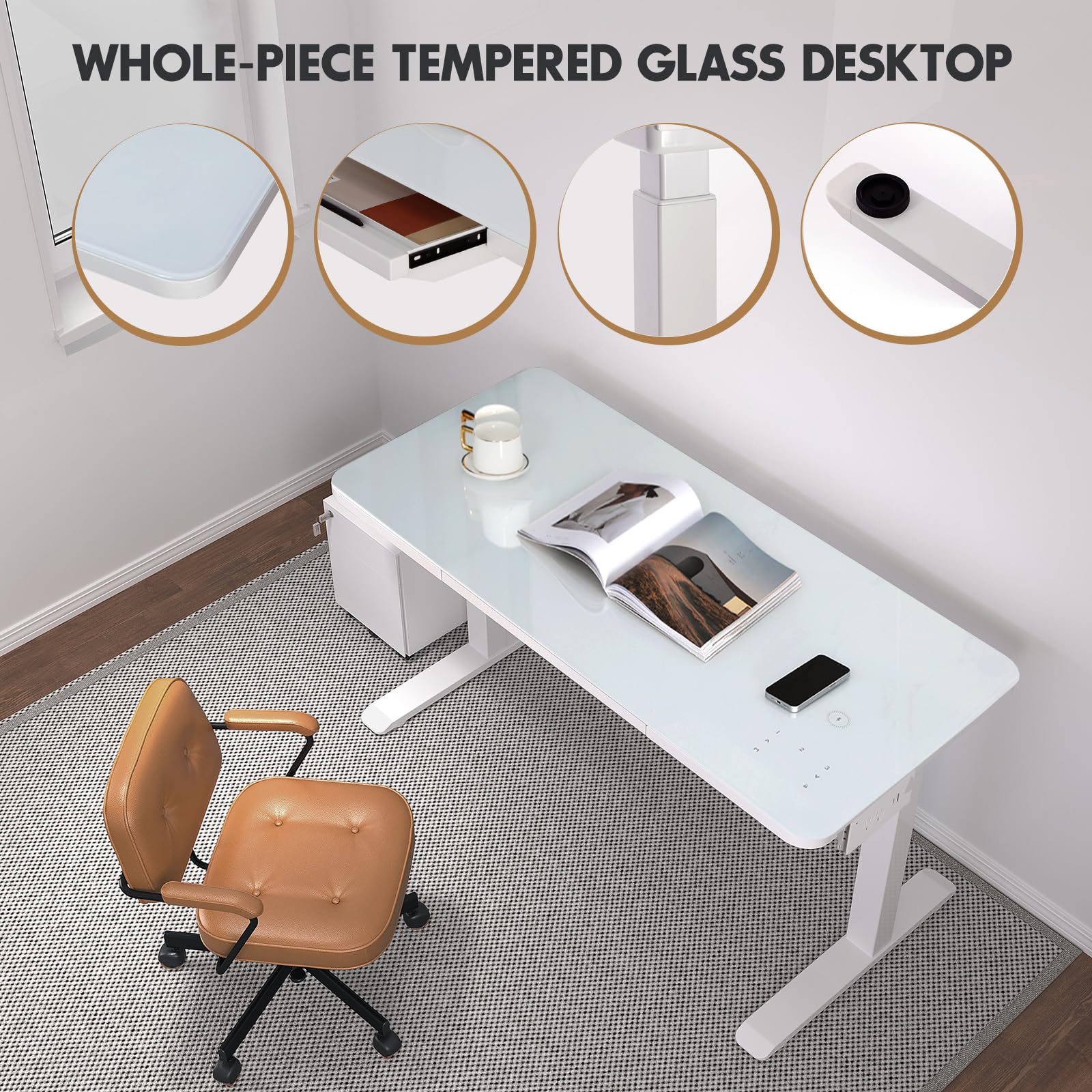 ERGOMORE Glass Standing Desk with Drawers, 45 x 23 inch Touch Control Adjustable Height Desk with Power Outlet, USB Ports & Wireless Charging, Dual Motor Sit Stand up Desk for Home & Office (White)