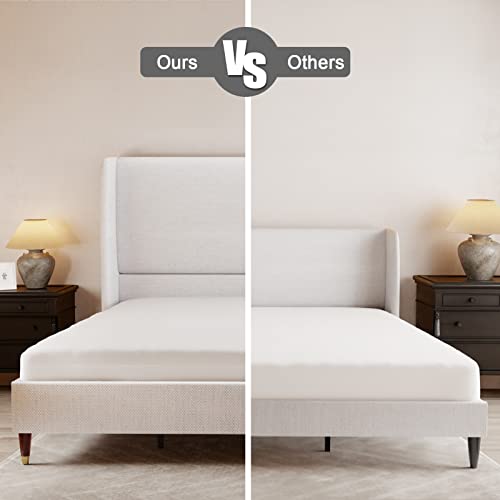 PaPaJet King Platform Bed Frame 51.2" High Headboard Linen Tall Upholstered Bed/No Box Spring Required/Wood Slat Support/Easy Assembly White