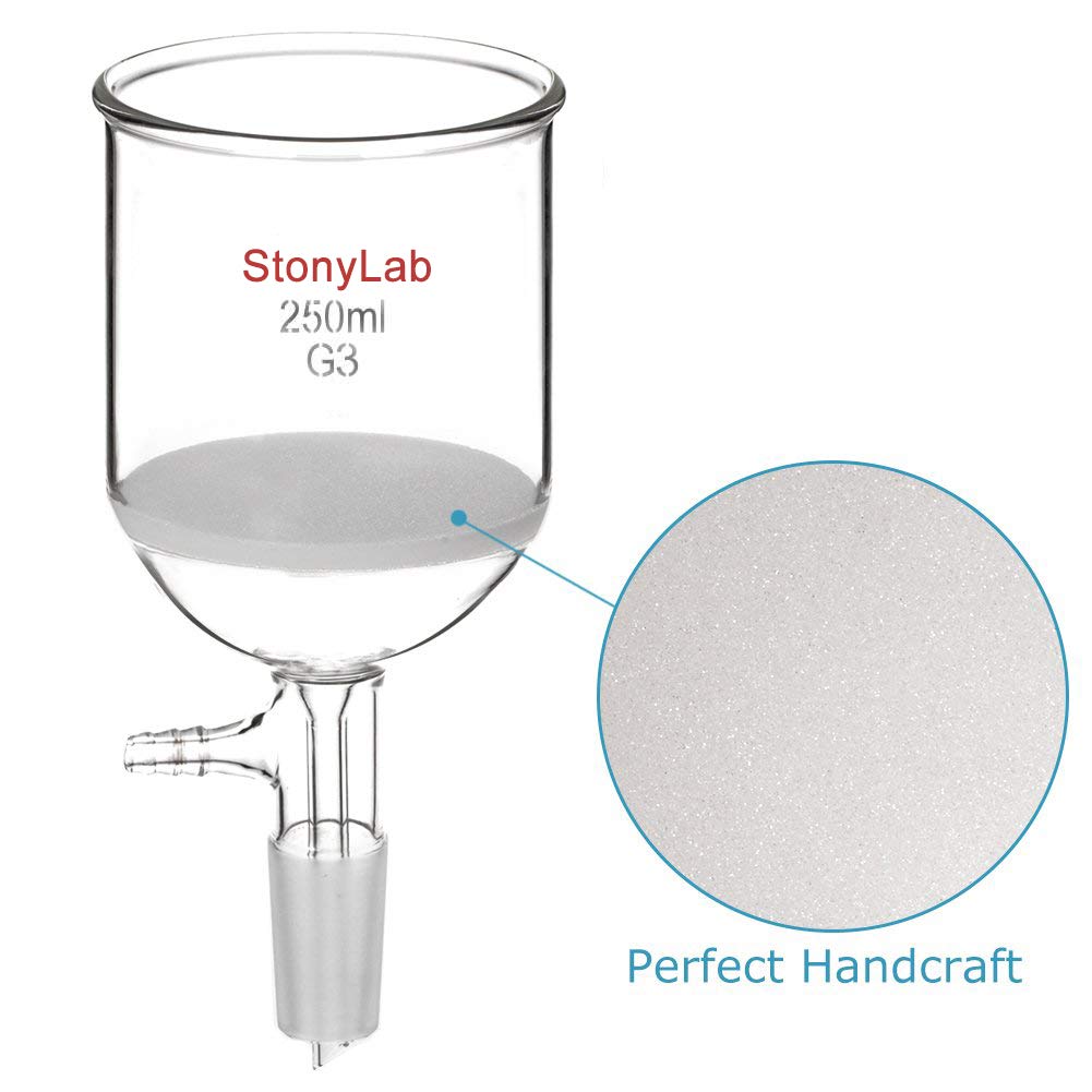 StonyLab Borosilicate Glass Buchner Filtering Funnel with Fine Frit(G3), 76mm Inner-Diameter, 80mm Depth, with 24/40 Standard Taper Inner Joint and Vacuum Serrated Tubulation (250ml)