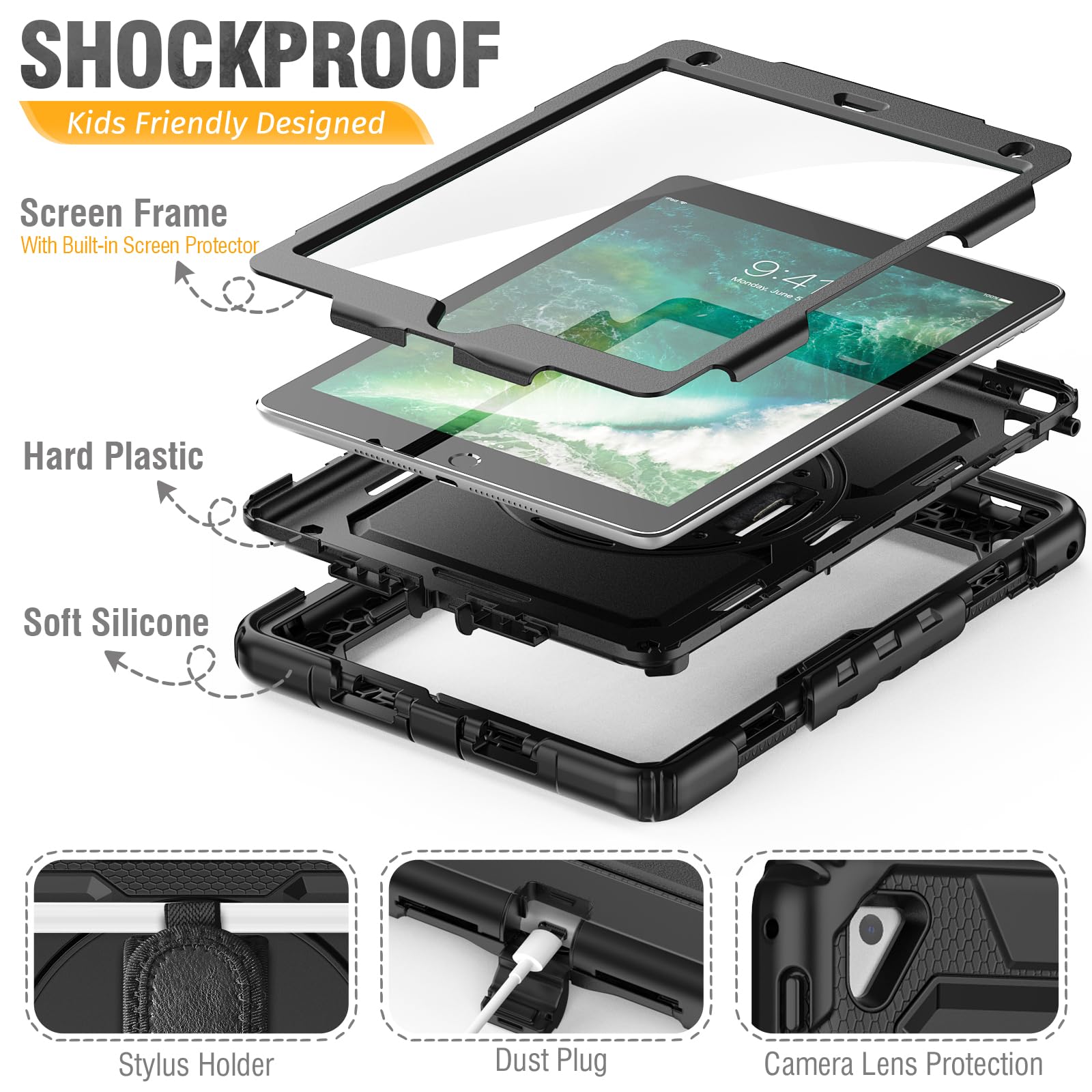 HXCASEAC Case for iPad Pro 9.7, Air 2, 9.7 inch 6th/5th Gen 2018/2017/2016/2014 with Screen Protector/Pencil Holder/ 360 Rotating Hand Strap Stand, Full Body Protective Cover for iPad 9.7 - Black