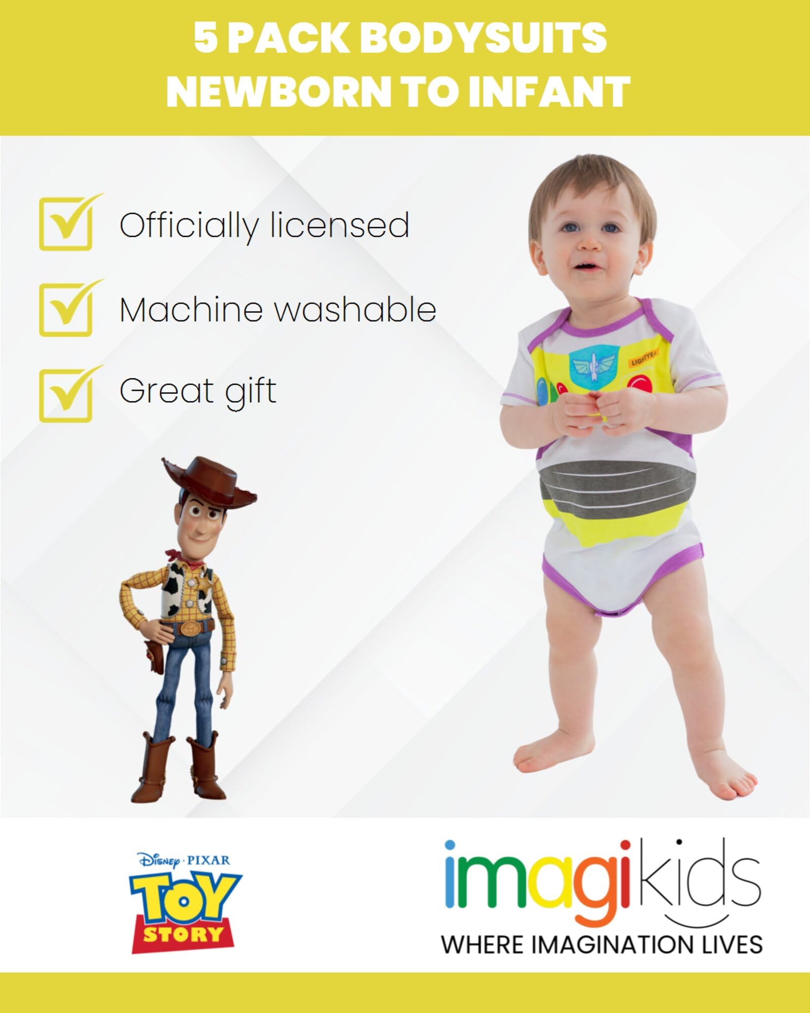 Disney Pixar Toy Story Woody Buzz Lightyear Slinky Dog Newborn Baby Boys 5 Pack Bodysuits 3-6 Months