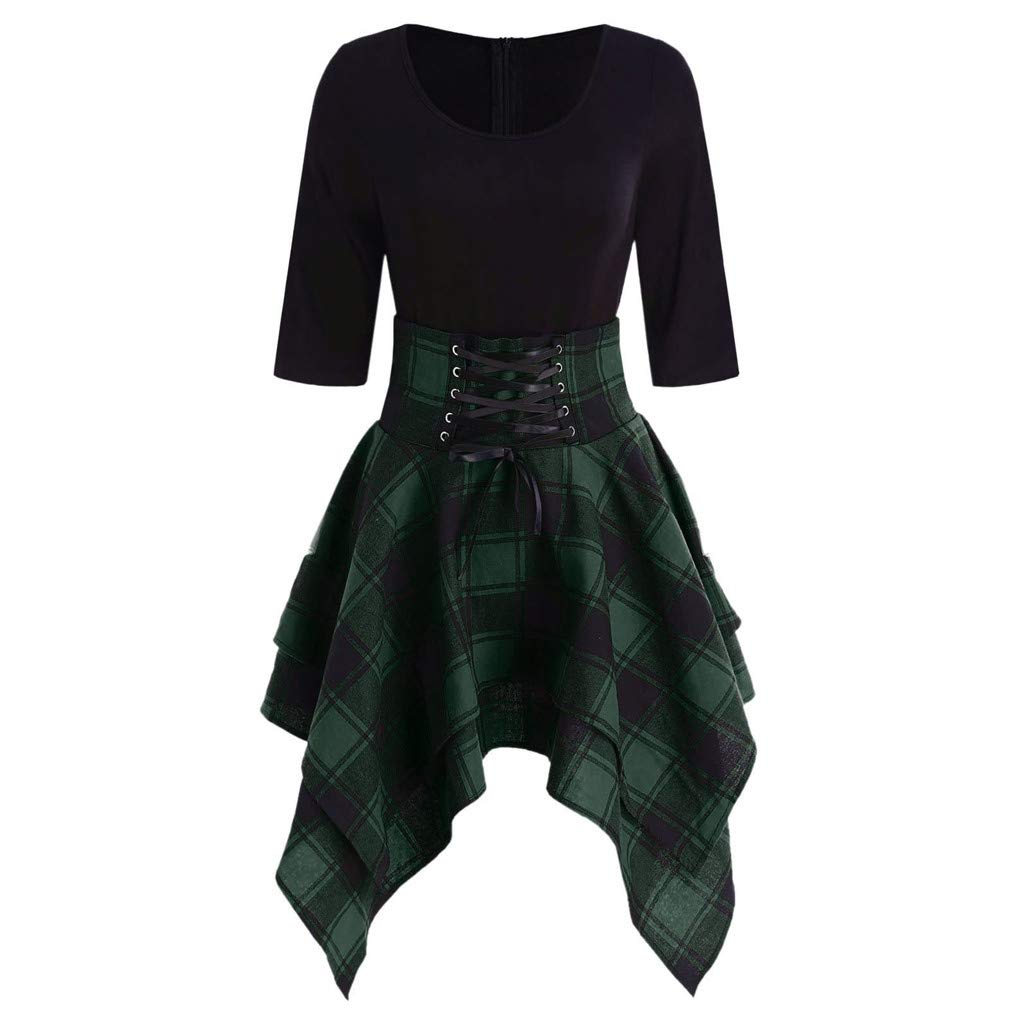 F_Gotal Womens Lace Up Tartan Plaid Print Asymmetrical Mini Dress Casual O Neck A-Line Dresses Evening Party Cocktail Green