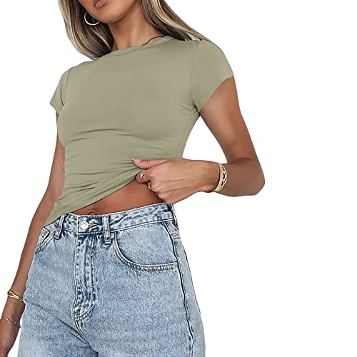 Basic Fitted Short Sleeve Tees for Women Solid Slimming Dupes Shirt Y2k Skinny Tops Summer Going Out Workout Clothing (Light Green Tight, S)