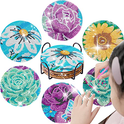 DOTZSO Diamond Art Painting Coasters,Diamond Dot Art DIY Coasters Art and Crafts for Adults Diamond Art Coaster Sets for Beginners Adults and Kids Art Craft Supplies(Flower)
