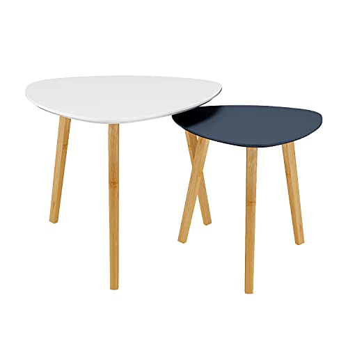 BAMEOS Bamboo Nesting Triangle End Table,Set of 2 Coffee Table Modern Minimalist Side Table for Living Room, Balcony in White & Grey