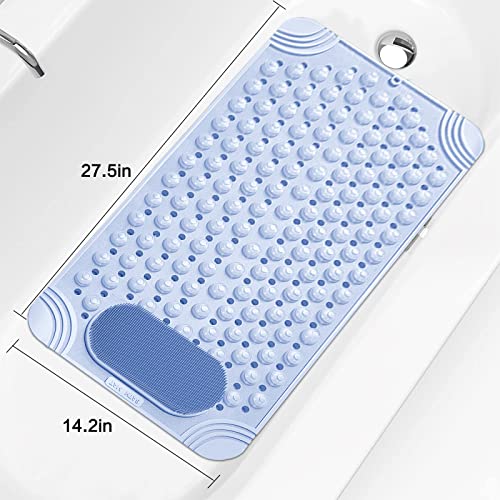 Bathtub Mat Non-Slip Rubber Shower with Drain Holes Suction Cups, Quick Easy Cleaning, Feet Massage, Bath for Tub & Stall Bathroom, Machine Washable (27.5Γ14.2in, Blue)