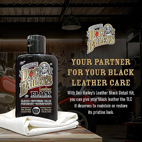 Doc Baileys Black Leather Detail Kit - Restore Your Black Leather & Vinyl Gear - Leather Cleaner, Conditioner, Waterproofer, & Protectant - Re-Dye & Maintain Your Favorite Leather to Look Like New