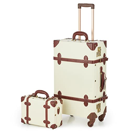 CO-Z Vintage Luggage Sets, 2 Piece Retro Suitcase with Spinner Wheels TSA Lock and Carry On Briefcase, Large 24" Trunk Small 12" Train Case Leather Travel Luggage Set for Women Men, Beige