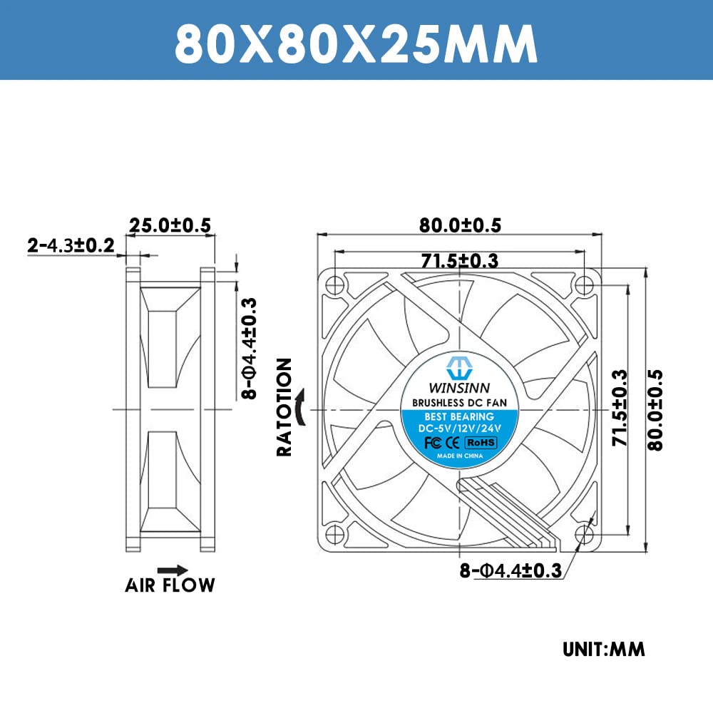 WINSINN DC 80mm Fan 24V 8025 Sleeve Bearing Brushless Cooling 80mmx25mm 2PIN (Pack of 2Pcs)