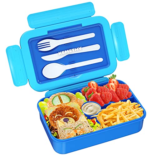 Bento Lunch Box for Kids, 4 Compartment Lunch Boxes Kids, Cutlery Storage Built-in Utensil Set, Leak-proof, Thicken, Microwave/Dishwasher/Freezer Safe, BPA-Free, Blue