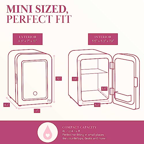 Paris Hilton Mini Refrigerator and Personal Beauty Fridge, Mirrored Door with Dimmable LED Light, Thermoelectric Cooling and Warming Function for All Cosmetics and Skincare Needs, 4-Liter, Aqua