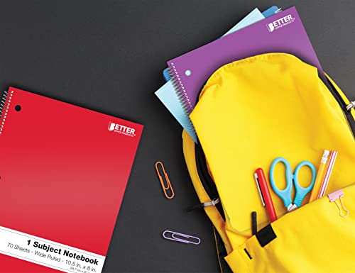 Better Office Products Spiral Notebooks 1-Subject, 24 Pack, Wide Rule, 70 Sheet, 8 x 10.5 inches, 6 Assorted Primary Colors, 24 Pack