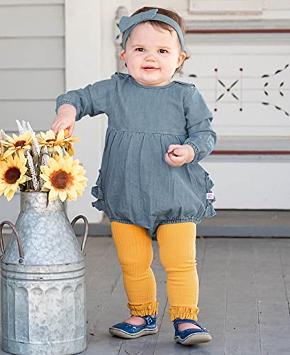 RuffleButts® Baby/Toddler Girls Light Wash Denim V-Back Bubble Romper - 0-3m