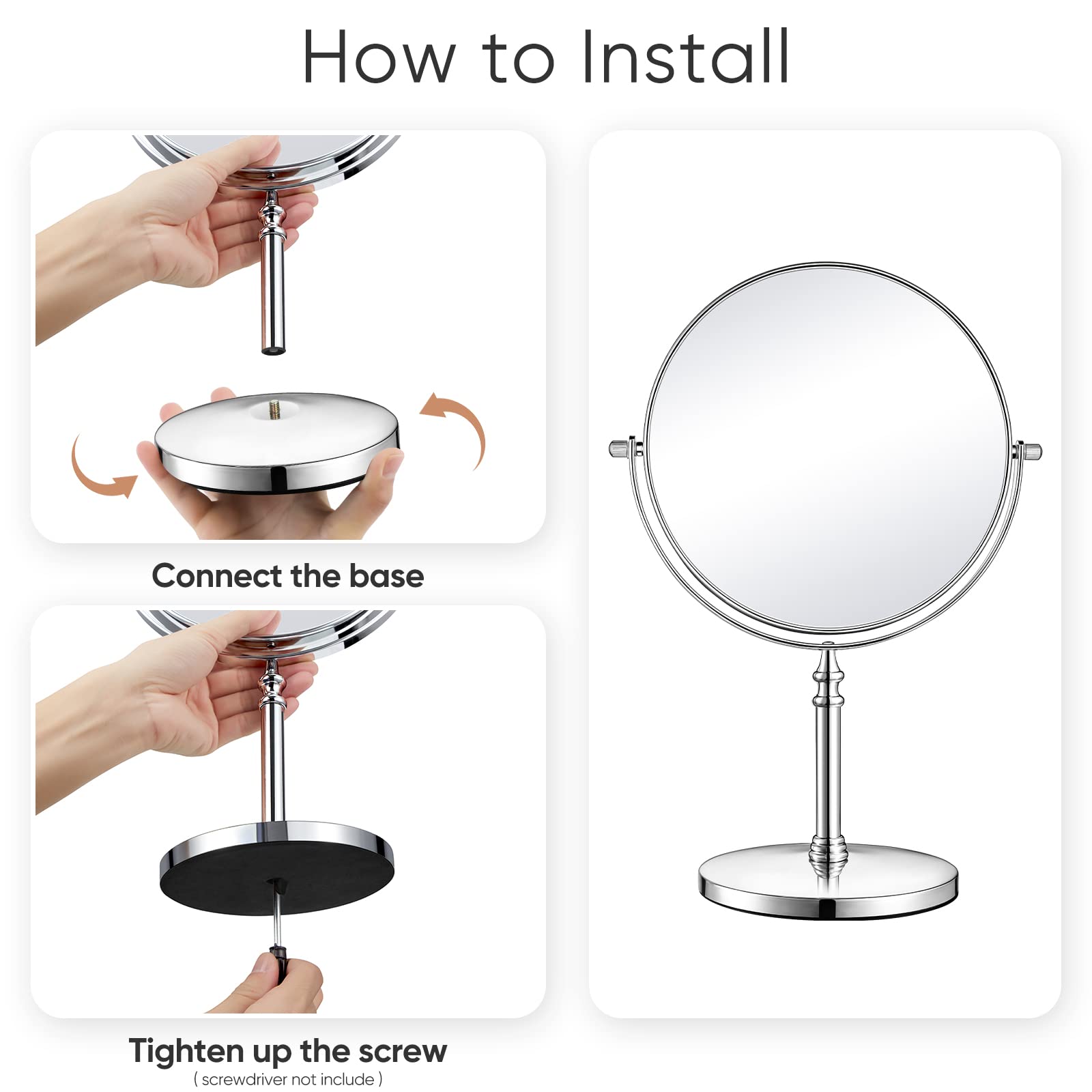 KEDSUM 1X/10X Magnifying Makeup Mirror, 8 Inch Large Table Mirror with Stand, Personal Makeup Mirror with Magnification, Double Sided Vanity Mirror with 360° Rotation, Detachable Base