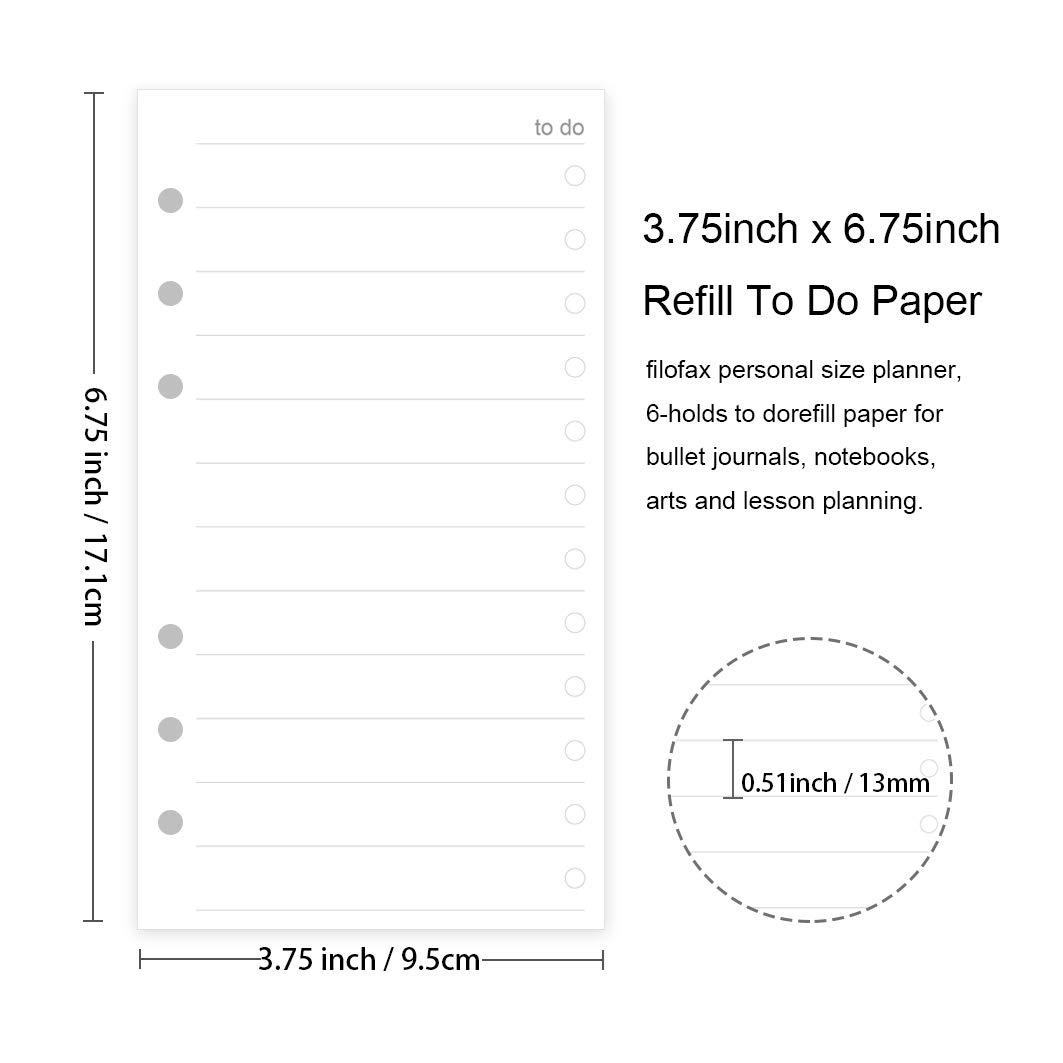 A6 To Do List Refills for Filofax Personal Size Planner/Binder, 6 Hole Punched, 100 Sheets/200 Pages, To Do Planner with Check List Organizing, 100gsm, White, 3.74 x 6.73 Inch