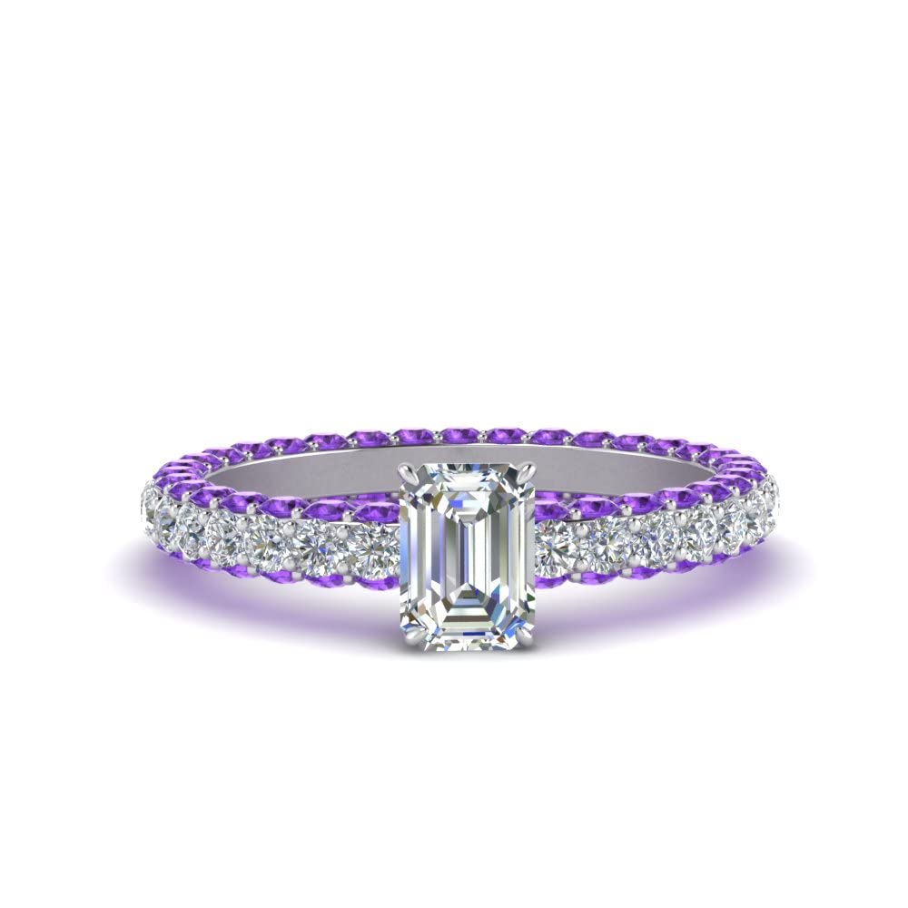 55Carat Eternity Sterling Silver Natural Amethyst Emerald shape purple color Side Stone Engagement Rings prong Setting in Size 8 Minimal Surprise Gift Gifts for Ladies
