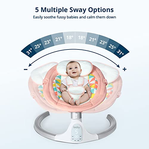 Bioby Baby Swing for Infants,The Five-Point Seat Belt,Bluetooth Touch Screen/Remote Control Baby Bouncer with Music Speaker,Motorized Portable Swing with 5 Swing Speeds(Pink)