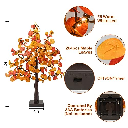 Agusbagli 24 Inch Artificial Fall Lighted Eucalyptus Tree Decor, 55 LED Battery Operated Fall Light Up Tabletop Tree with Timer for Indoor Home Wedding Harvest Fall Autumn Thanksgiving Decorations