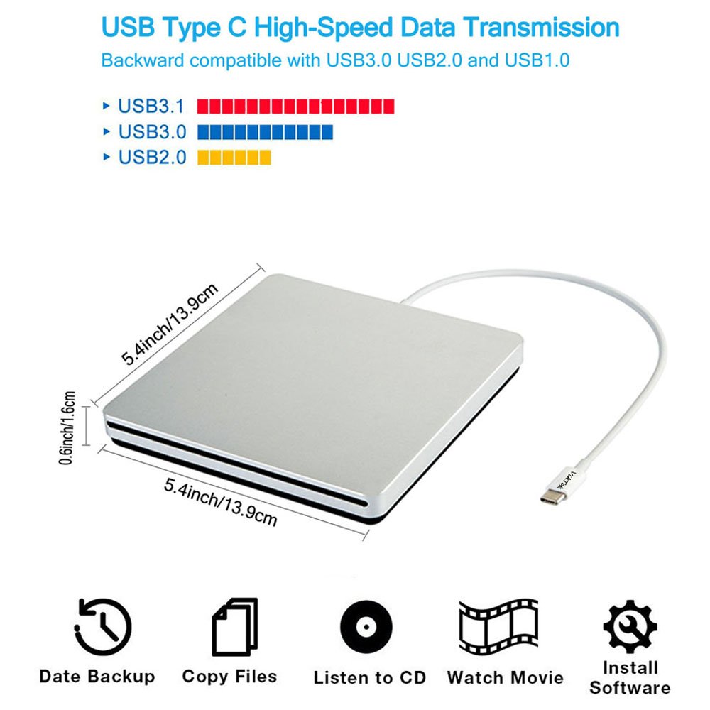 USB-C Superdrive External DVD/CD Reader and DVD/CD Burner for Apple-MacBook Air/Pro/iMac/Mini/MacBook Pro/ASUS/ASUS/DELL Latitude with USB-C Port Plug and Play(Silver)
