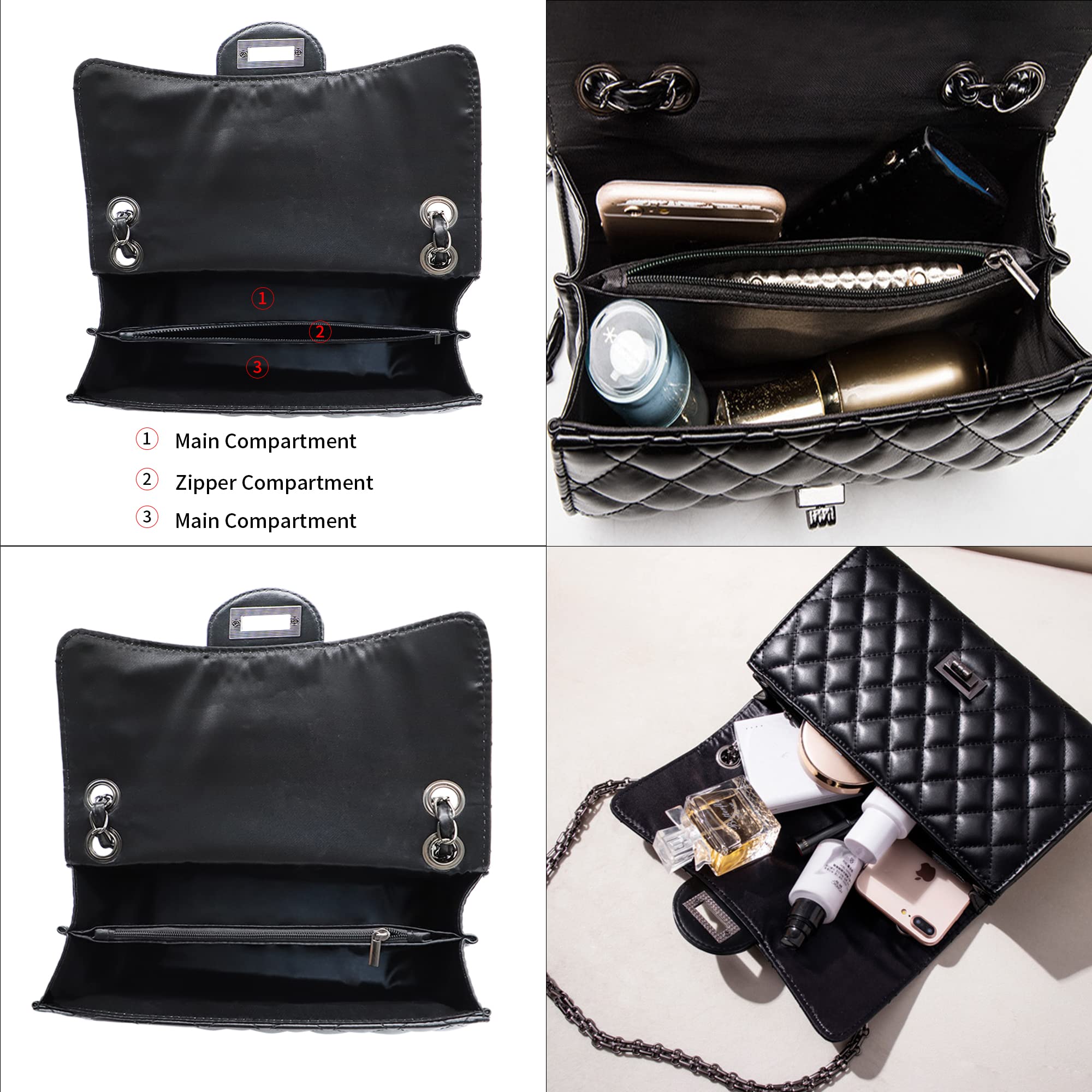 Eveupp Quilted Crossbody Bags for Women Black Chain Purse Leather Quilted Bag Clutch Purses Large