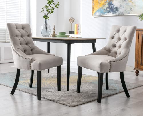 EALSON Set of 2 Linen Dining Chairs Elegant Tufted Back with Nailed Trim Home Kitchen Dining Room Chairs Armless Accent Side Chairs Solid Rubber Wood Legs, Set of 2 (Beige)