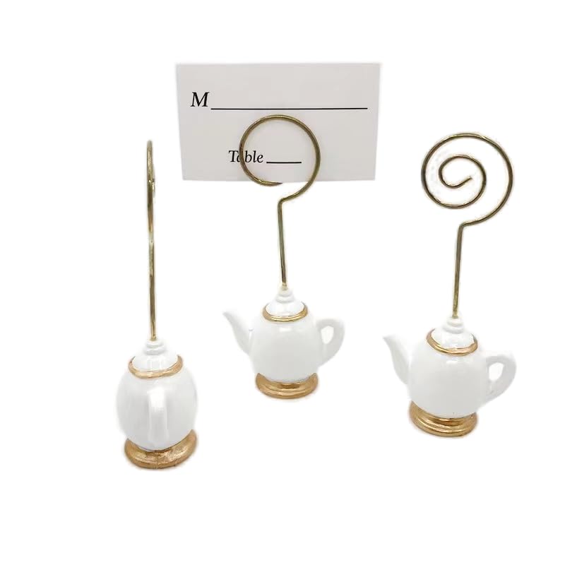AMERRY 10Pcs Teapot Table Card Holder,Place Card Holders, Table Number Holder,Photo Holders, Party Favors, Wedding Decorations ,Delicious Afternoon Tea, Delicious Breakfast teapot(Golden and White)
