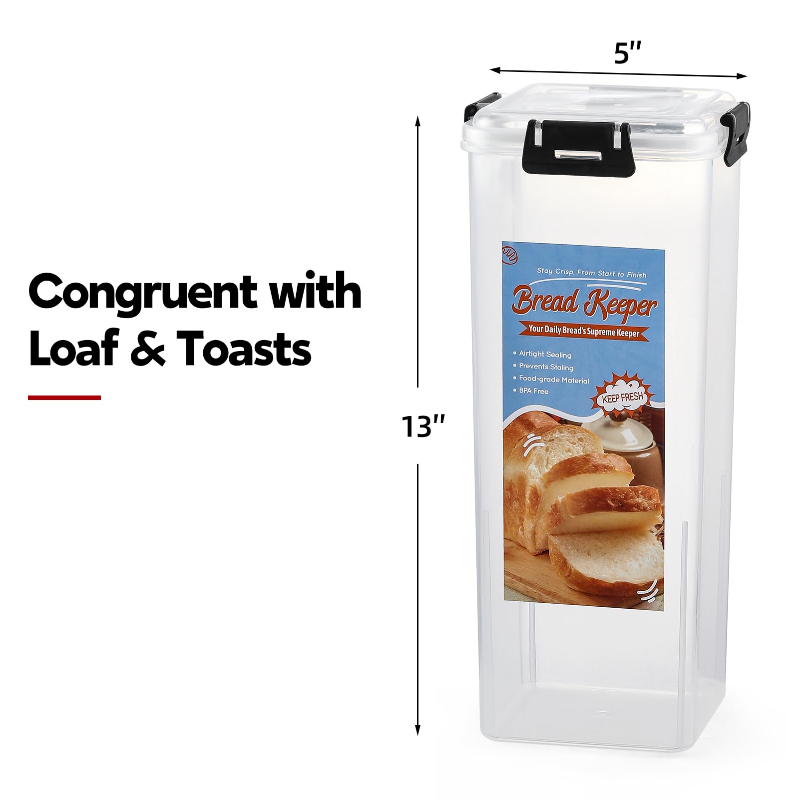AOZITA Bread Box with Airtight Lid, Bread Storage Container, Bread Loaf Storage Dispenser, Plastic Sandwich Bread Keeper, Black Lid